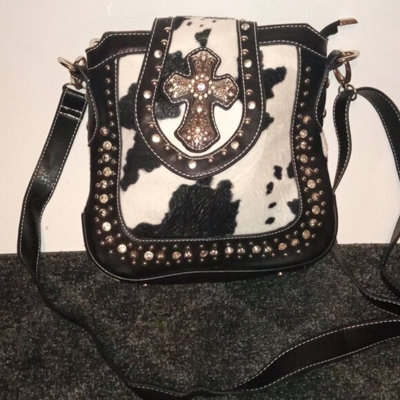 Bags | Western Crossbody Handbag With Cow Print And Jeweled Cross Purse ...